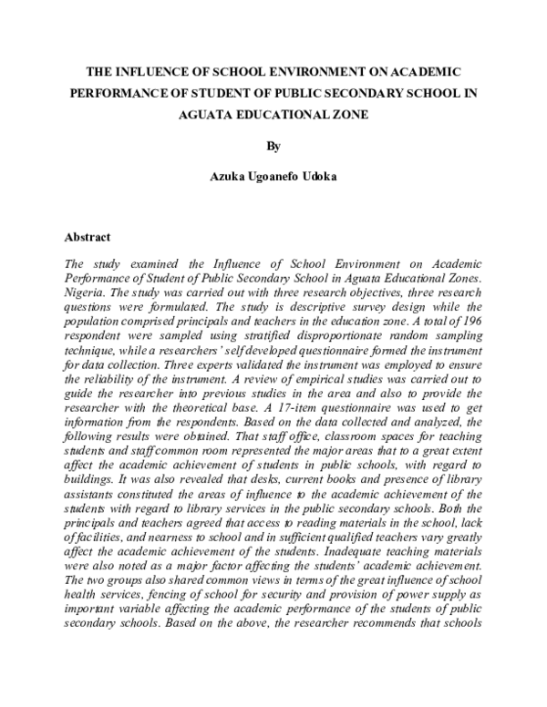 (DOC) THE INFLUENCE OF SCHOOL ENVIRONMENT ON ACADEMIC PERFORMANCE OF ...