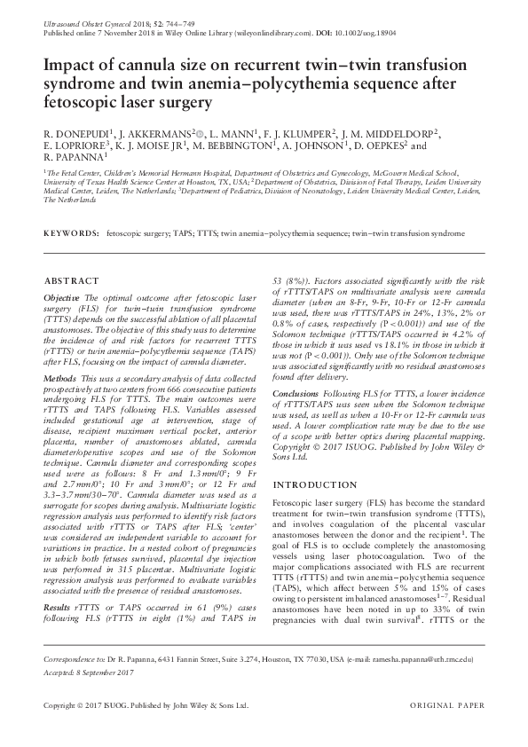 (PDF) Impact of cannula size on recurrent twin–twin transfusion ...