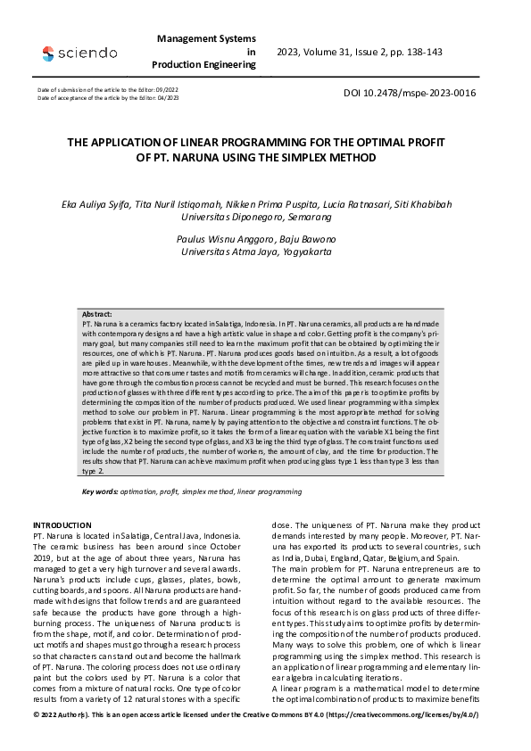 (PDF) The Application of Linear Programming for the Optimal Profit of ...