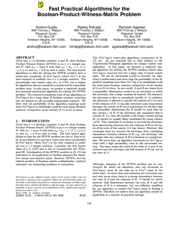 (PDF) Fast practical algorithms for the Boolean-product-witness-matrix ...