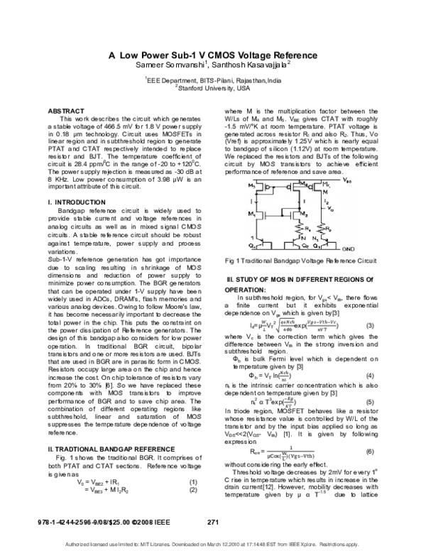 (PDF) A low power sub-1 V CMOS voltage reference