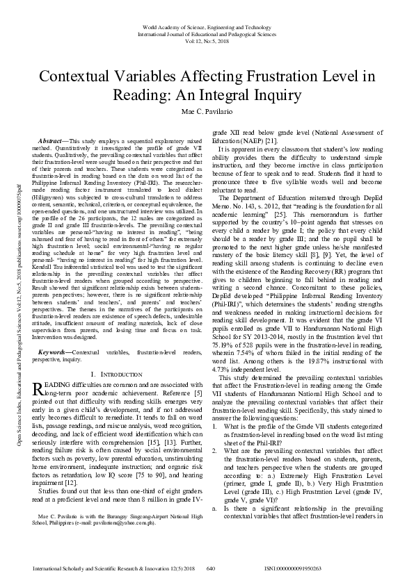 (PDF) Contextual Variables Affecting Frustration Level in Reading: An ...