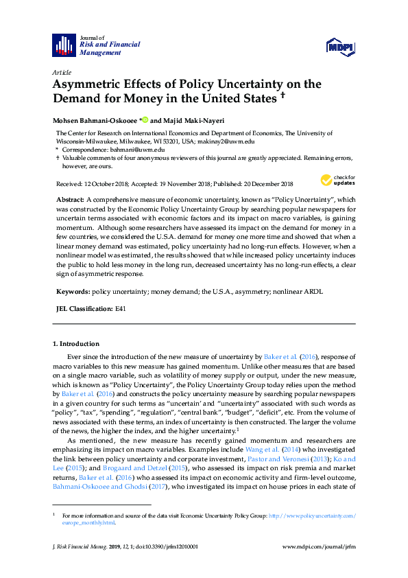 (PDF) Asymmetric Effects of Policy Uncertainty on the Demand for Money ...