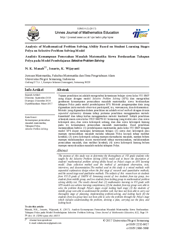 (PDF) Analysis of Mathematical Problem Solving Ability Based on Student Learning Stages Polya on ...