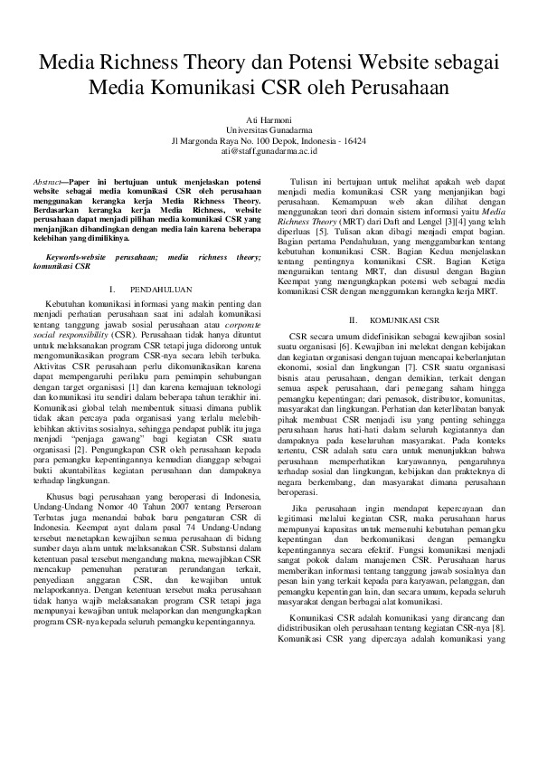 (PDF) Media Richness Theory dan Potensi Website sebagai Media Komunikasi CSR oleh Perusahaan