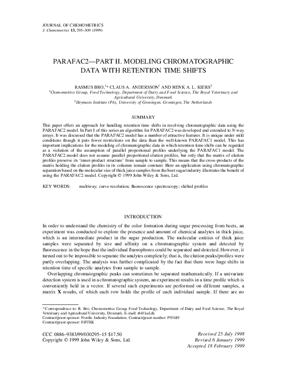 (PDF) PARAFAC2—Part II. Modeling chromatographic data with retention time shifts | Claus A ...