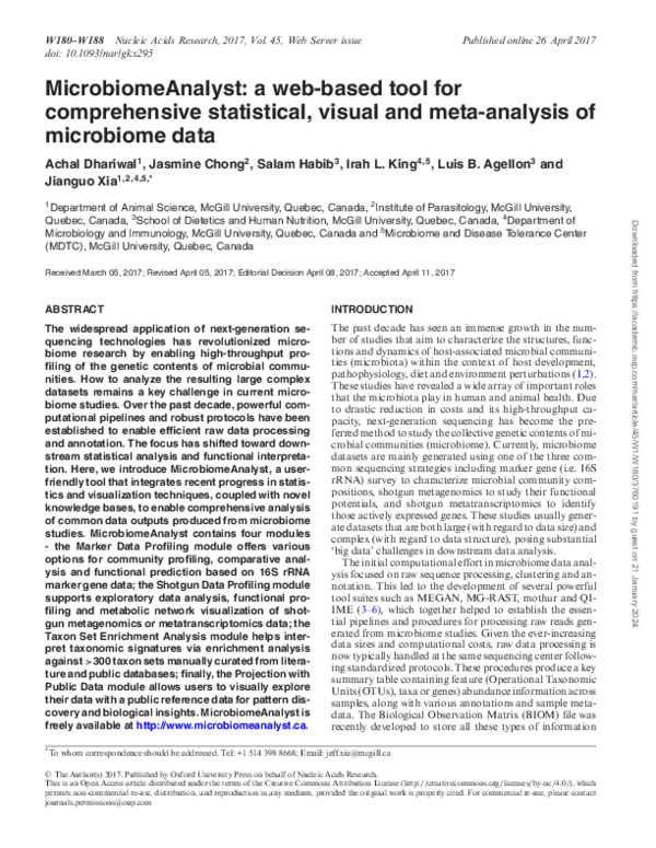 (PDF) MicrobiomeAnalyst: a web-based tool for comprehensive statistical, visual and meta ...