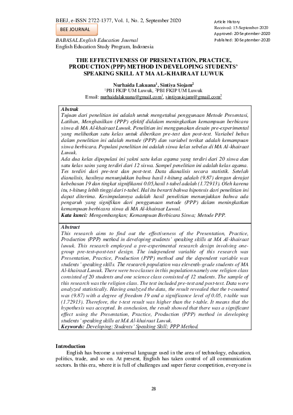 (PDF) The Effectiveness of Presentation, Practice, Production (PPP ...