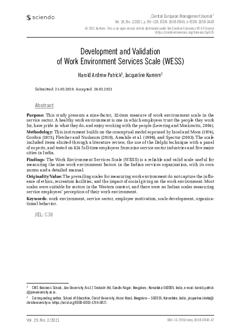 (PDF) Development and Validation of Work Environment Services Scale (WESS)