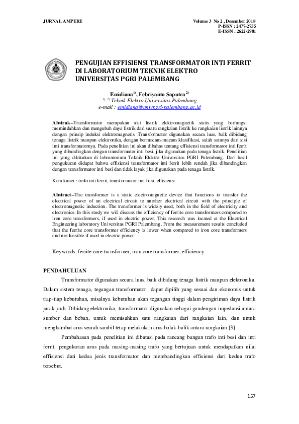 (PDF) Pengujian Effisiensi Transformator Inti Ferrit DI Laboratorium Teknik Elektro Universitas ...