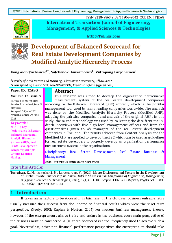 (PDF) Development of Balanced Scorecard for Real Estate Development Companies by Modified ...