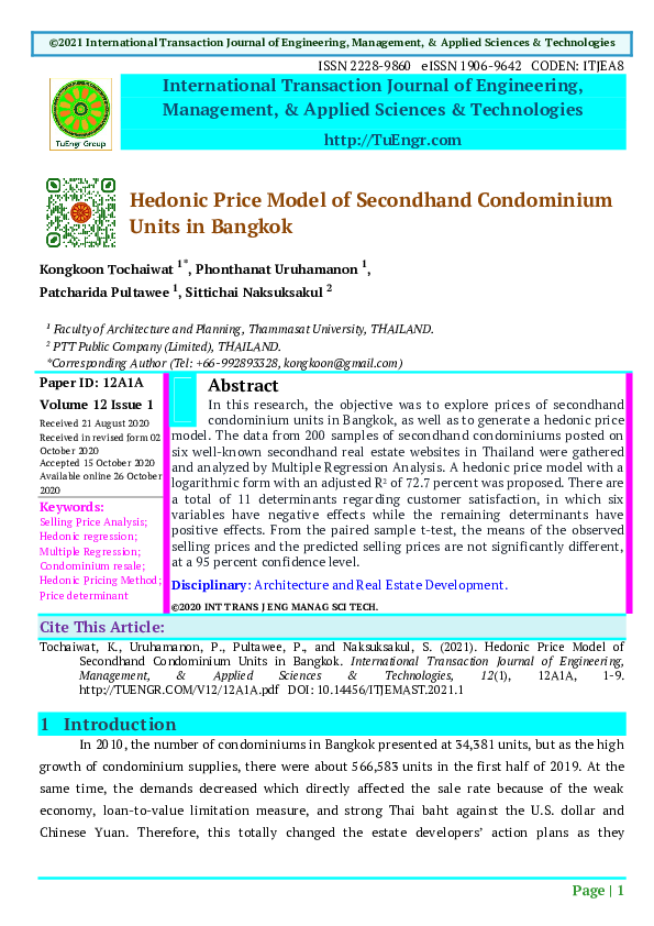 (PDF) Hedonic Price Model of Secondhand Condominium Units in Bangkok