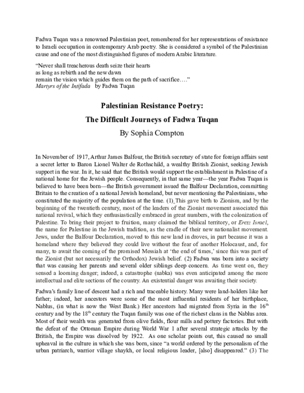 (DOC) Palestinian Resistance Poetry: The Difficult Journeys of Fadwa Tuqan