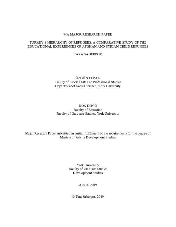 (PDF) MA MAJOR RESEARCH PAPER TURKEY'S HIERARCHY OF REFUGEES: A ...
