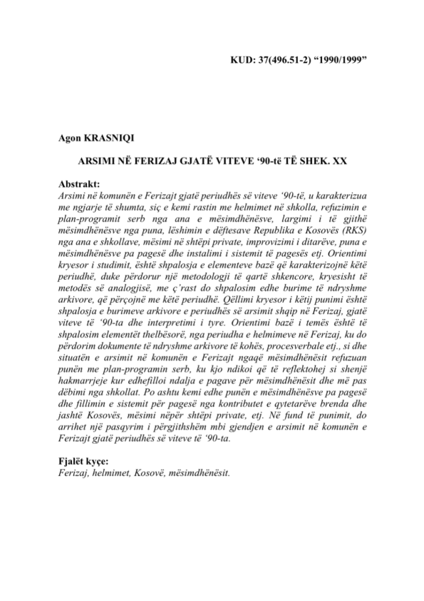 (PDF) Arsimi në Ferizaj gjatë viteve 90-të të shek. XX. Agon Krasniqi ...
