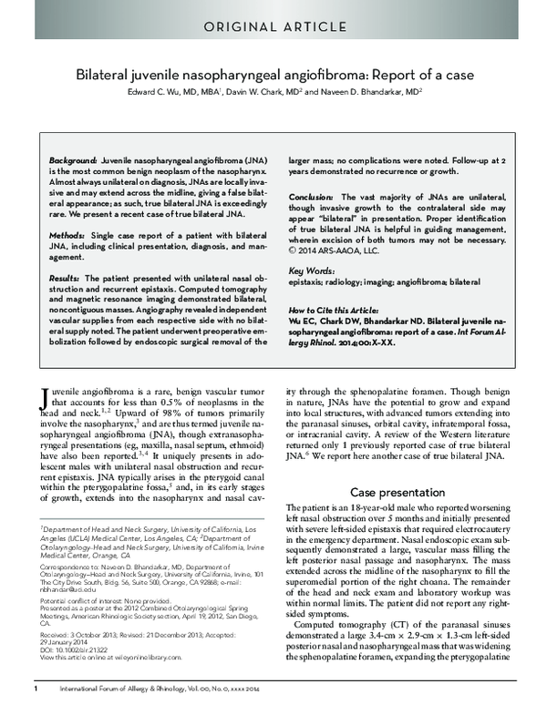 (PDF) Bilateral juvenile nasopharyngeal angiofibroma: A rare case report