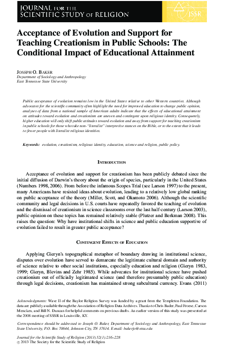 (PDF) Acceptance of Evolution and Support for Teaching Creationism in ...