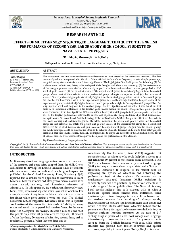 (PDF) EFFECTS OF MULTISENSORY STRUCTURED LANGUAGE TECHNIQUE TO THE ...