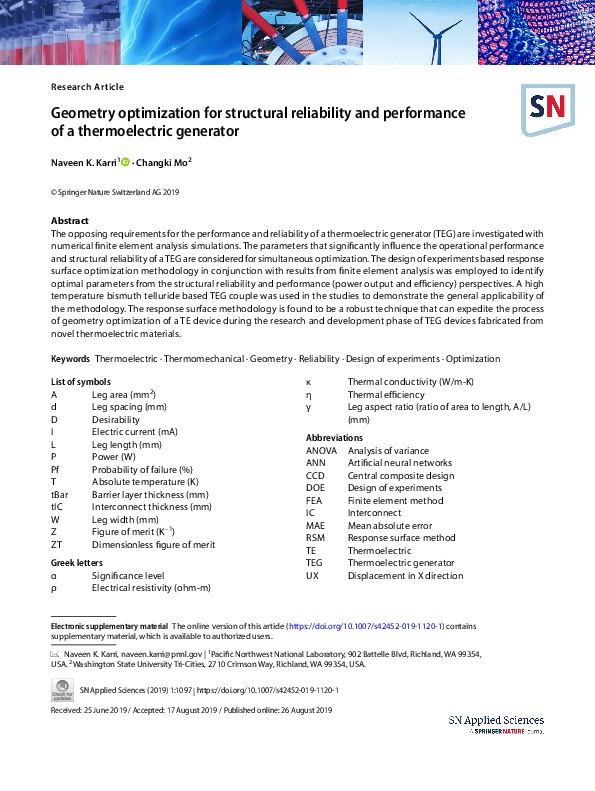 (PDF) Geometry optimization for structural reliability and performance of a thermoelectric generator