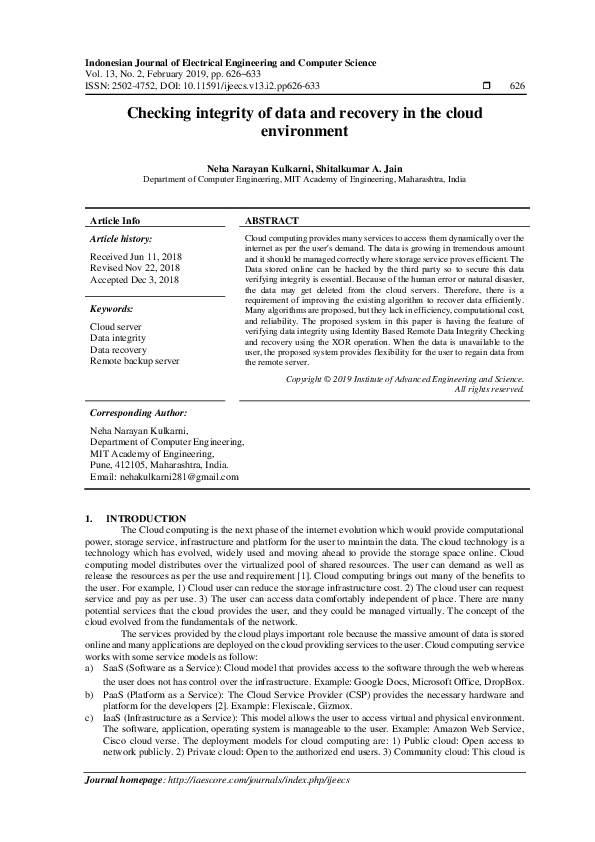 (PDF) Checking integrity of data and recovery in the cloud environment