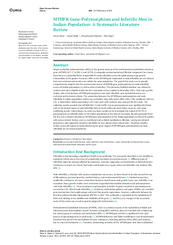 (PDF) MTHFR Gene-Polymorphism and Infertile Men in Indian Population: A ...