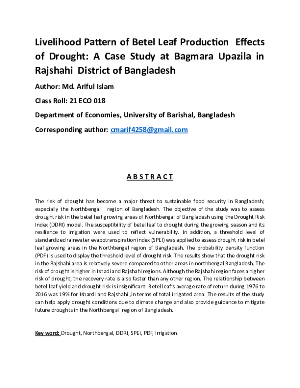 (PDF) Livelihood Pattern of Betel Leaf Production Effects of Drought: A ...
