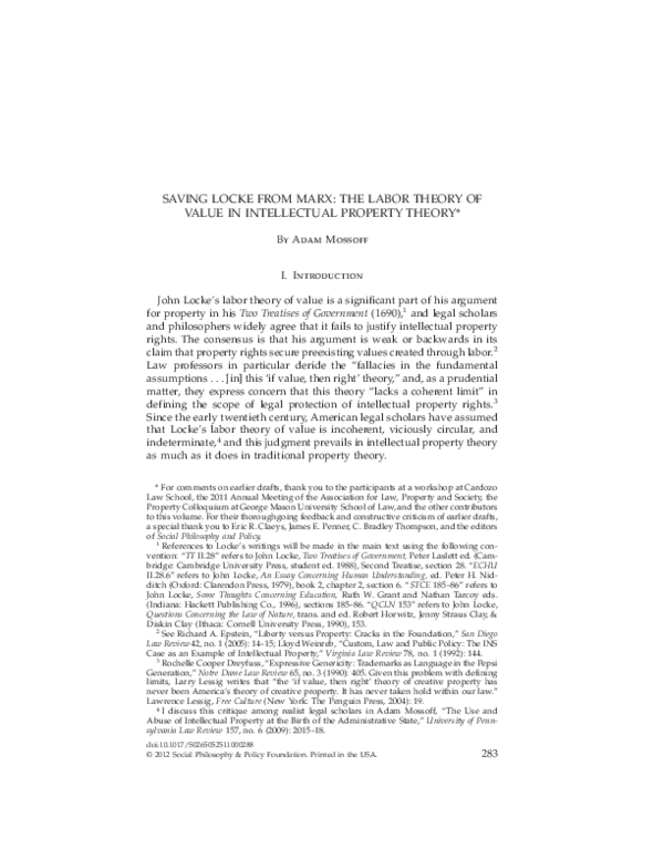 (PDF) Saving Locke from Marx: The Labor Theory of Value in Intellectual ...