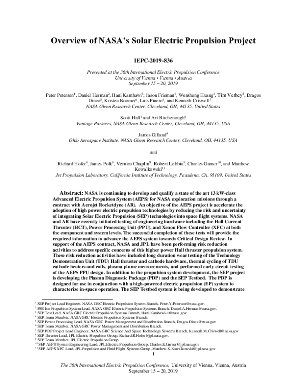 (PDF) Overview of NASA’s Solar Electric Propulsion Project