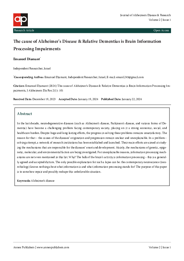 (PDF) The cause of Alzheimer's Disease & Relative Dementias is Brain ...