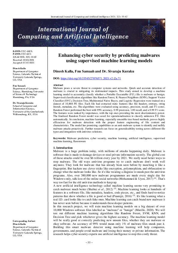 (PDF) Enhancing cyber security by predicting malwares using supervised machine learning models