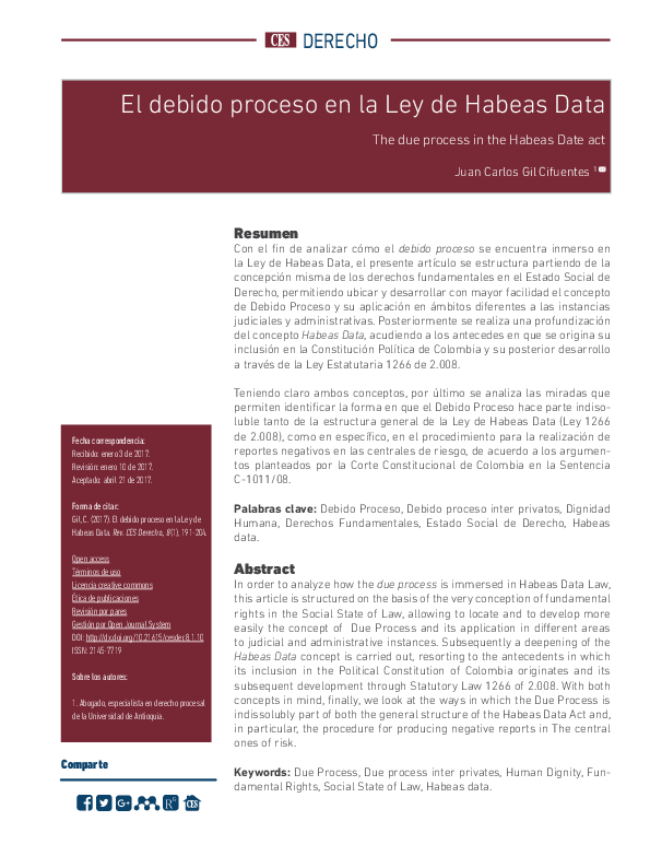 (PDF) El debido proceso en la ley de habeas data