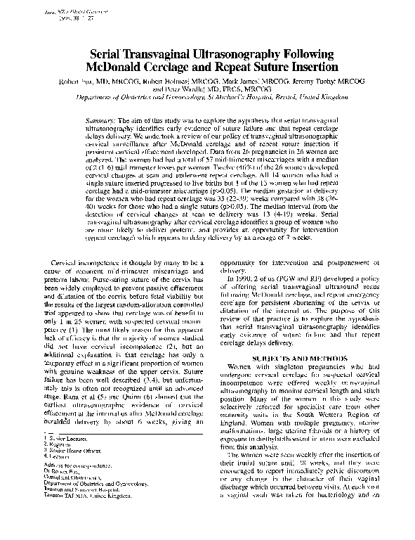 (PDF) Serial Transvaginal Ultrasonography Following McDonald Cerclage ...