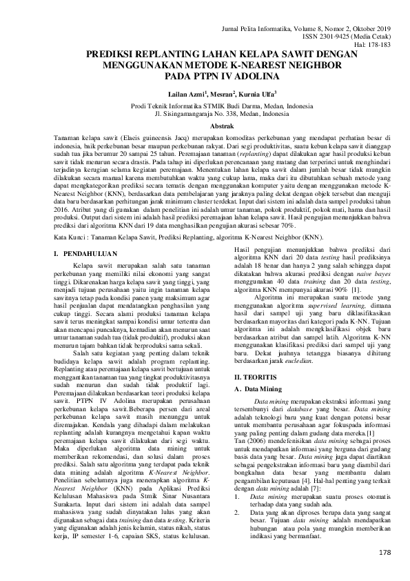 (PDF) Prediksi Replanting Lahan Kelapa Sawit Dengan Menggunakan Metode K-Nearest Neighbor Pada ...