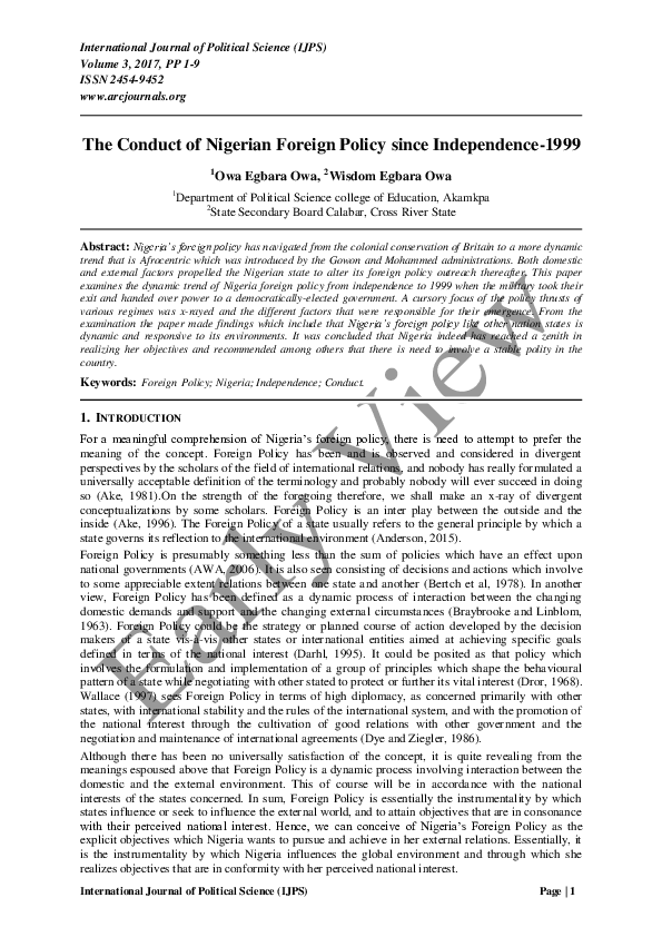 (PDF) The Conduct of Nigerian Foreign Policy since Independence-1999