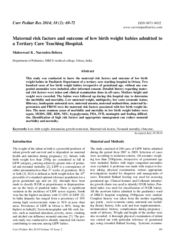 (PDF) Maternal risk factors and outcome of low birth weight babies ...