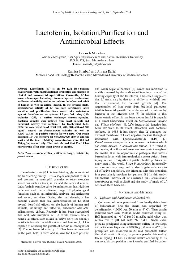(PDF) Lactoferrin, Isolation,Purification and Antimicrobial Effects