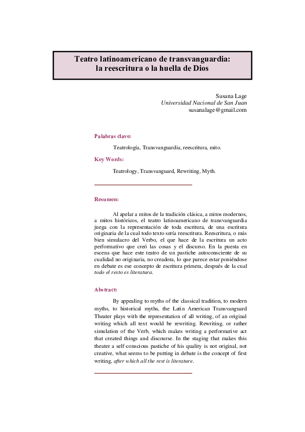 (PDF) Teatro latinoamericano de transvanguardia: la reescritura o la huella de Dios | Susana ...