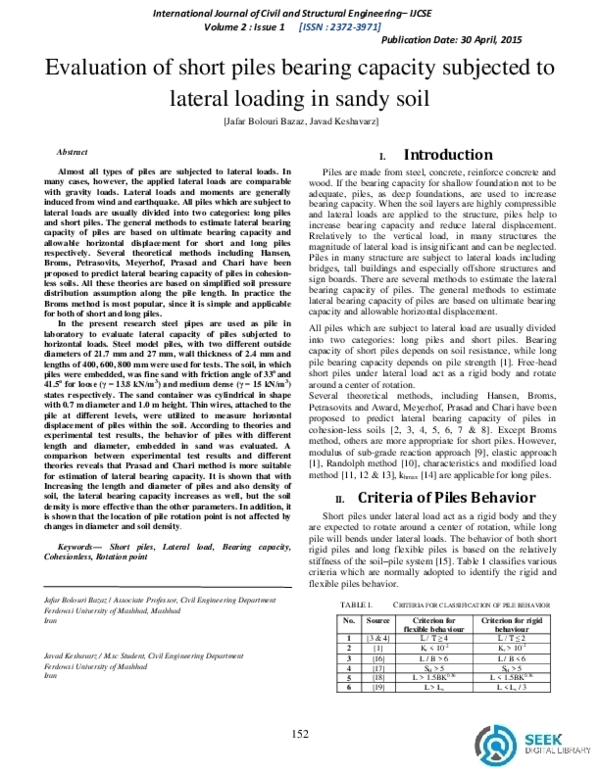 (PDF) Evaluation of short piles bearing capacity subjected to lateral ...