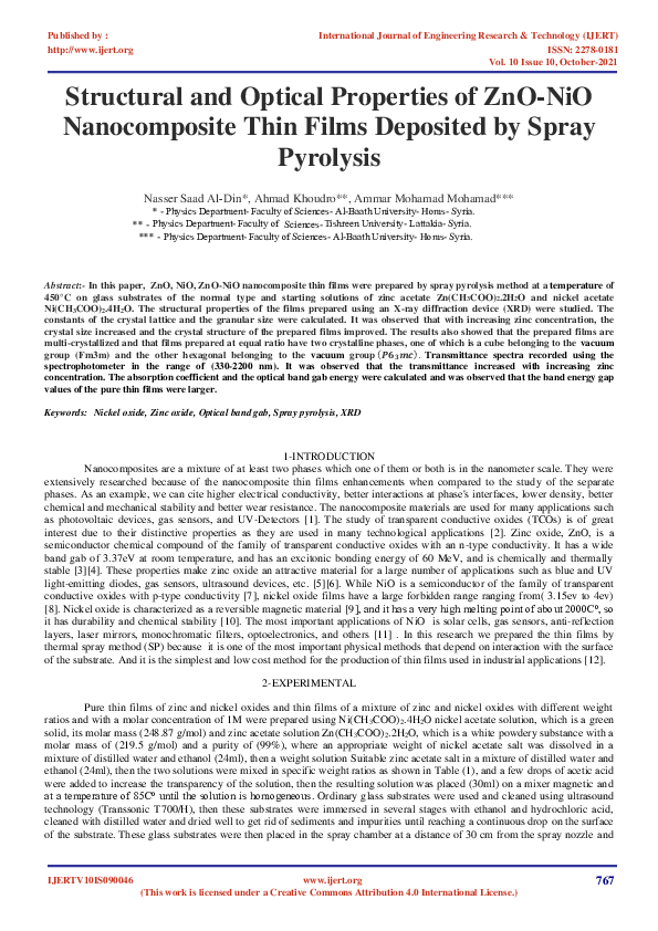 (PDF) Structural and Optical Properties of ZnO-NiO Nanocomposite Thin Films Deposited by Spray ...