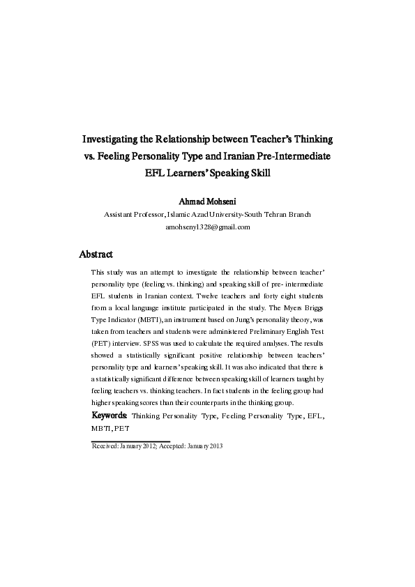 (PDF) Investigating the Relationship between Teacher’s Thinking vs. Feeling Personality Type and ...