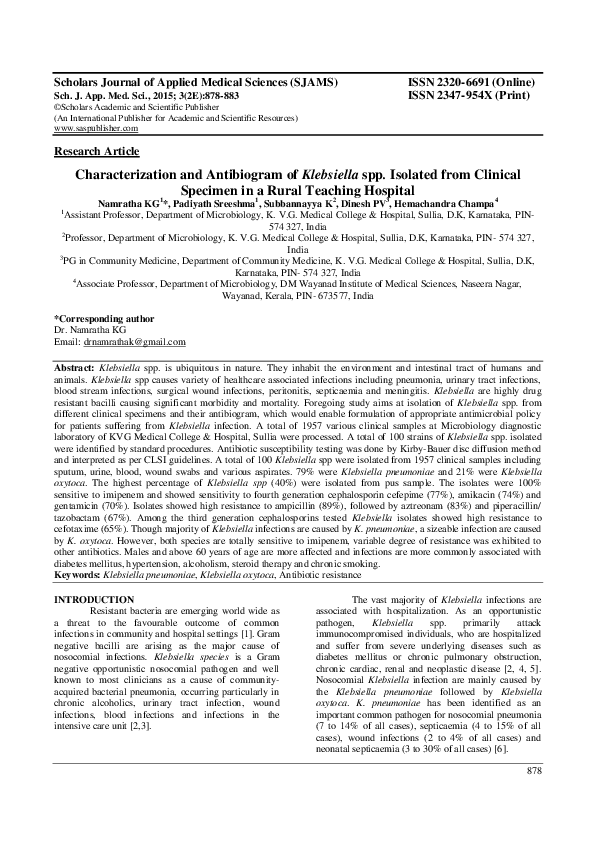 (PDF) Characterization and Antibiogram of Klebsiella spp . Isolated ...