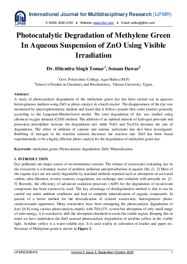 (PDF) Photocatalytic Degradation of Methylene Green in Aqueous Suspension of ZnO using Visible ...