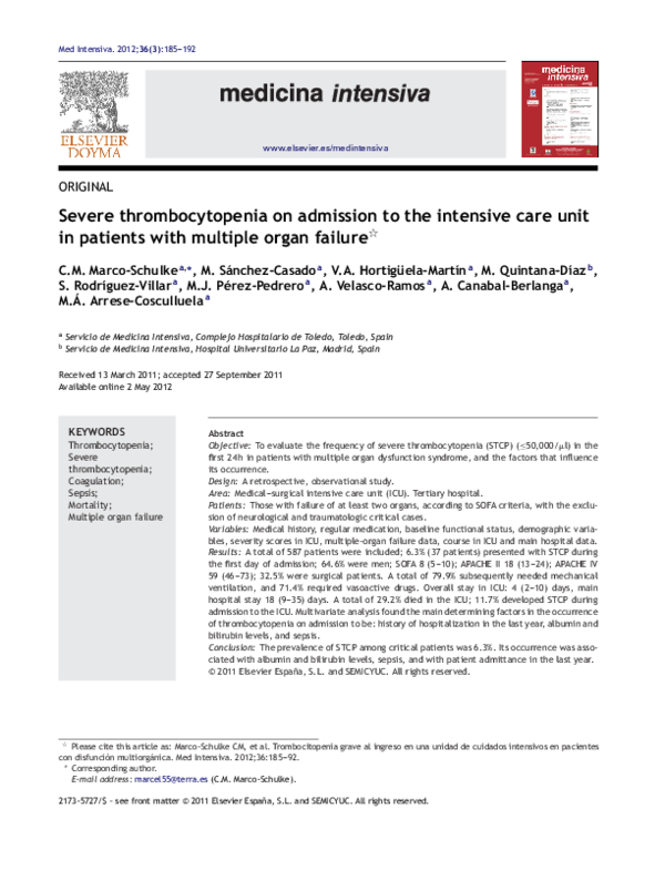 (PDF) Severe thrombocytopenia on admission to the intensive care unit ...