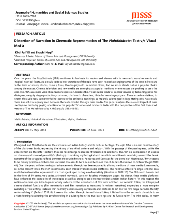 (PDF) Distortion of Narration in Cinematic Representation of The Mahābhārata: Text v/s Visual Media