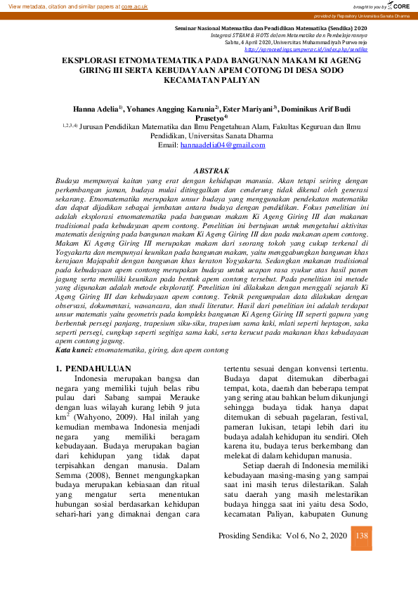 (PDF) Eksplorasi etnomatematika pada bangunan makam Ki Ageng Giring III ...