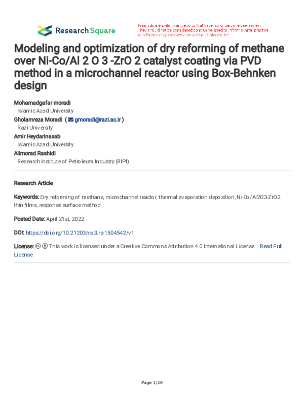 (PDF) Modeling and optimization of dry reforming of methane over Ni-Co/Al 2 O 3 -ZrO 2 catalyst ...
