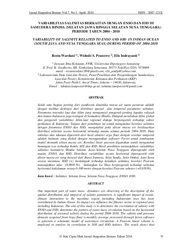 (PDF) Variabilitas Salinitas Berkaitan Dengan Enso Dan Iod DI Samudera ...