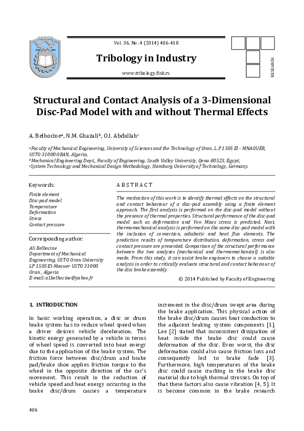 (PDF) Structural and Contact Analysis of a 3-Dimensional Disc-Pad Model ...