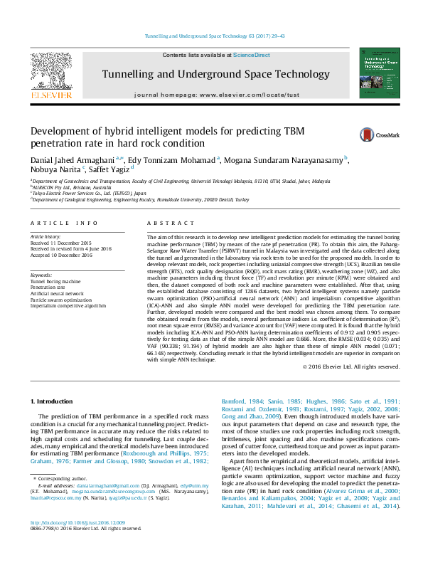 (PDF) Development of hybrid intelligent models for predicting TBM penetration rate in hard rock ...