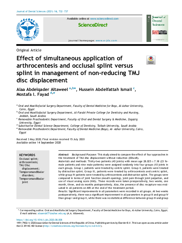 (PDF) Effect of simultaneous application of arthrocentesis and occlusal ...